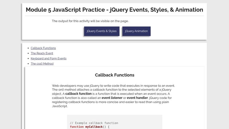 Module 5 Coding Activity - jQuery Events, Styles, & Animation - STARTER - PLEASE FORK