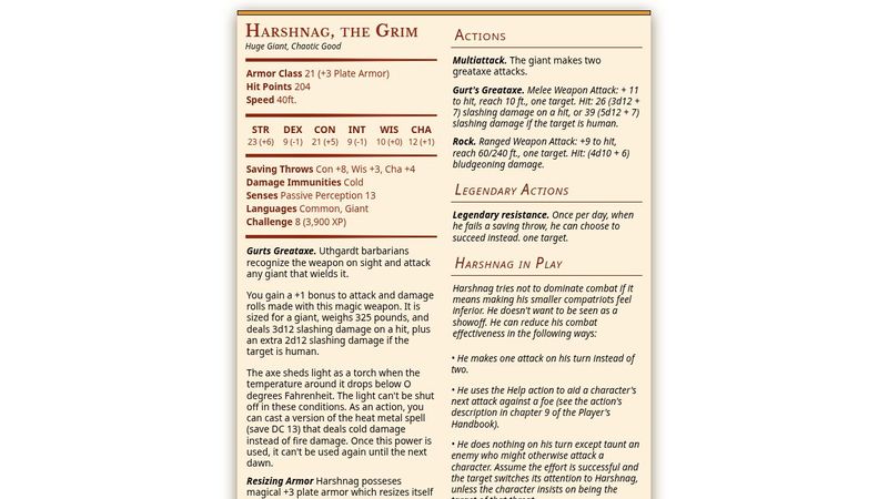 D&D 5e Statblock For Harshnag