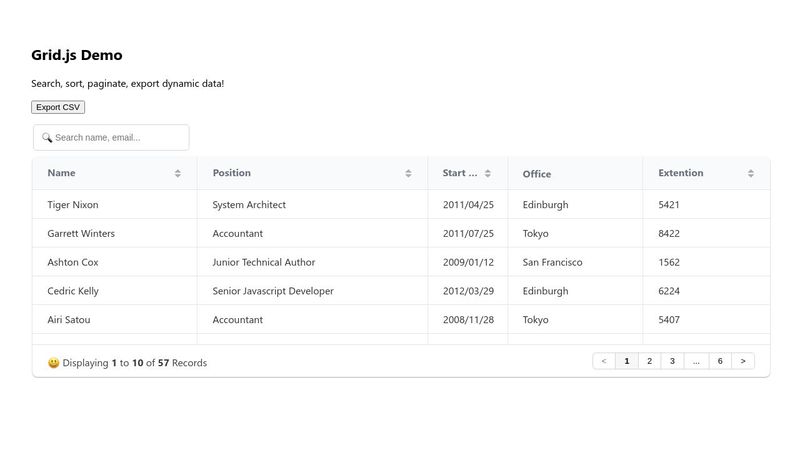 Grid.js demo with CSV export and dynamic data