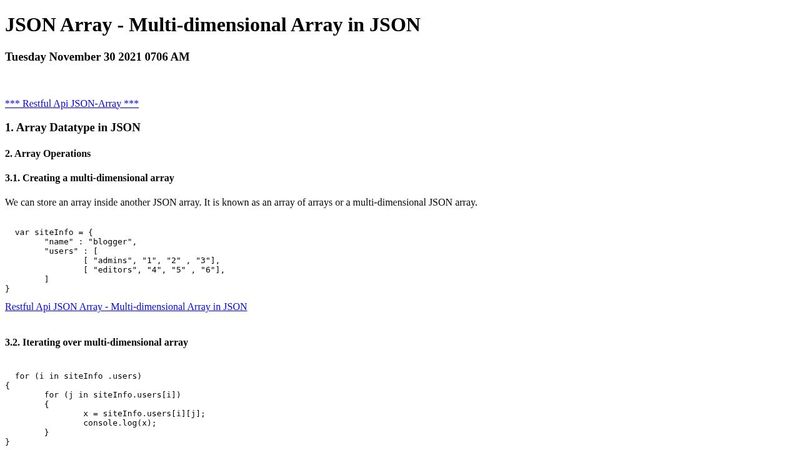 Tuesday November 30 2021 0706 AM - JSON Array - Multi-dimensional Array in JSON