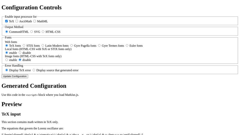 MathJax configuration builder