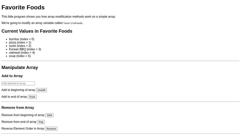 Interactive Favorite Foods Array