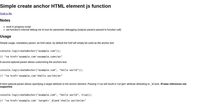 simple create anchor element js function