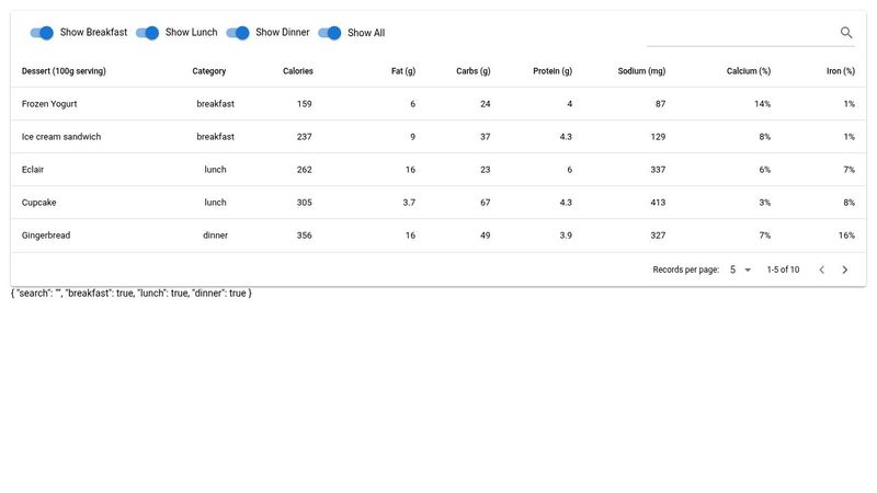 Quasar - q-table with toggle filters and text search