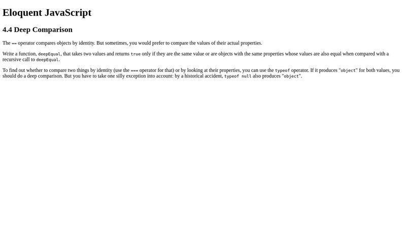 Eloquent JavaScript 4.4 Deep Comparison