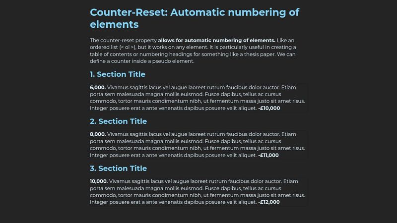 Counter-Reset property. Numbering HTML elements.