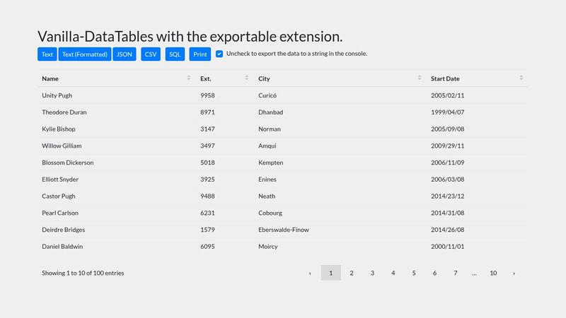 Vanilla-DataTables with the exportable extension.