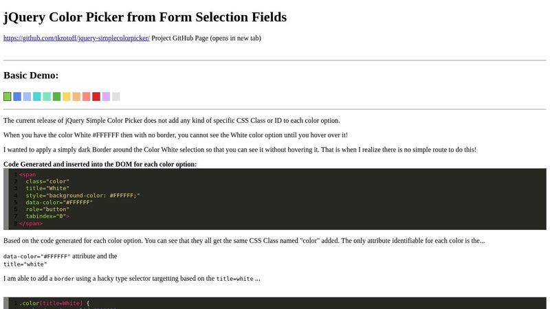 jQuery Color Picker from Form Selection Fields