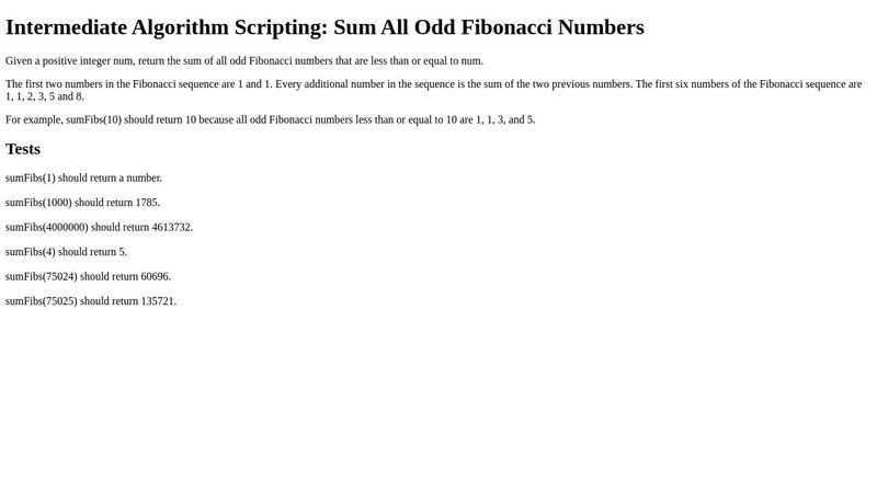 fCC Sum All Odd Fibonacci Numbers