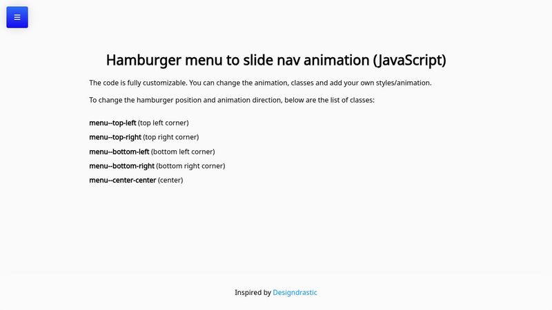 Hamburger menu to slide nav animation Javascript