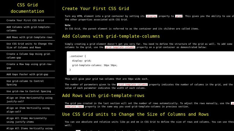 Technical Documentation Page - CSS Grid documentation