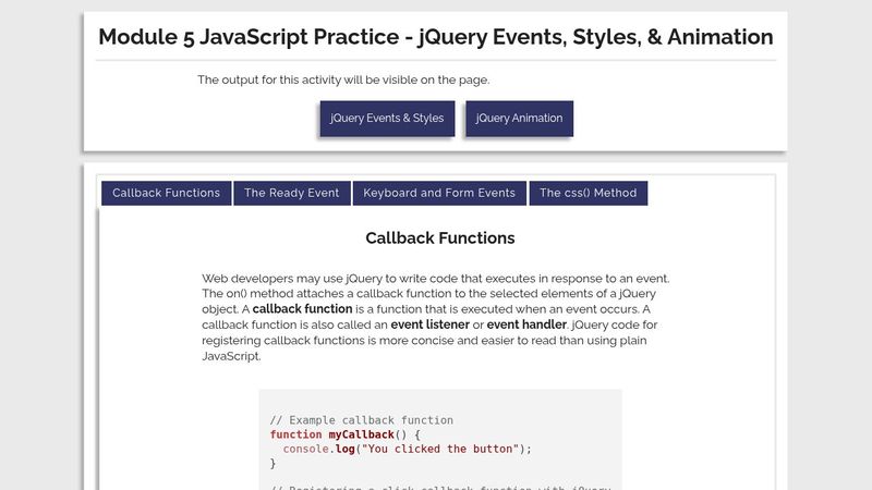 Module 5 Coding Activity - jQuery Events, Styles, & Animation