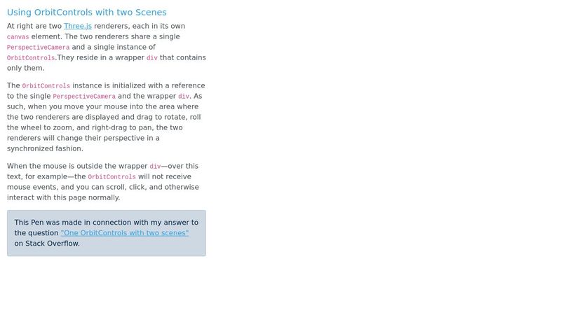 Using OrbitControls with two Scenes (SO Question #72803895)