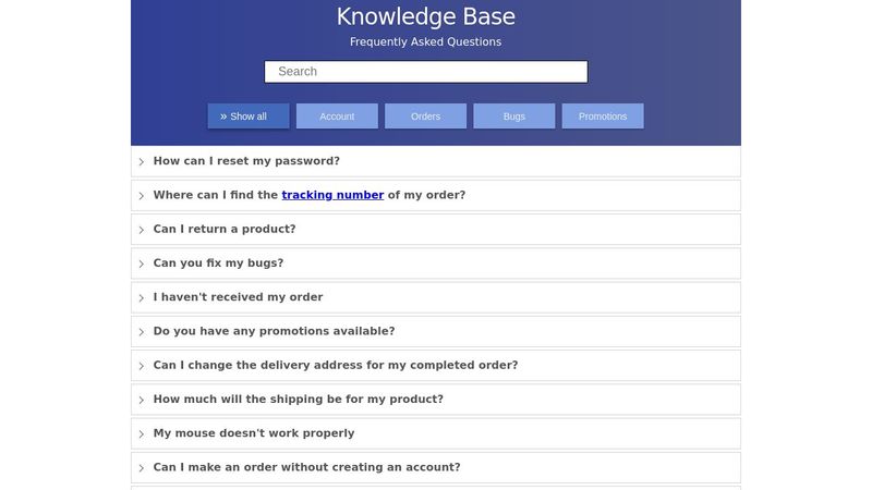 FAQ with search filter, category filter on name and content