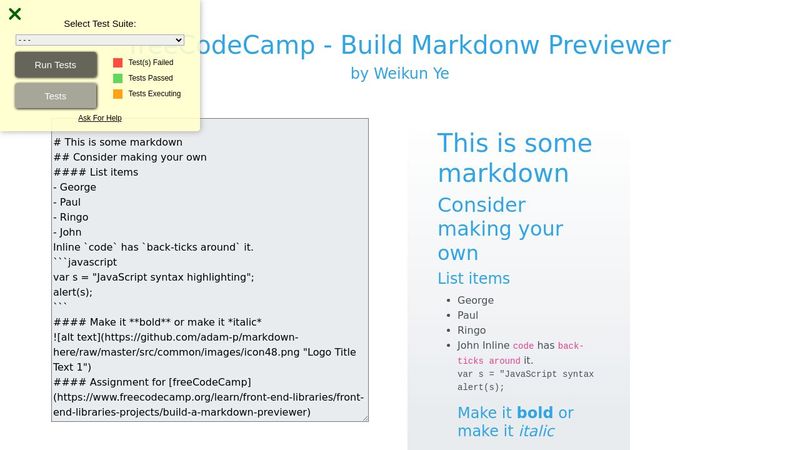 freeCodeCamp Build a Markdown Previewer