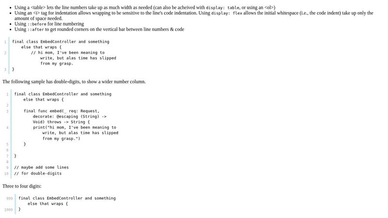 Code block line number - via table (flex)