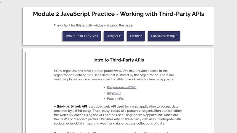 Module 2 Coding Activity - Working with Third-Party APIs & Postman Intro - STARTER - PLEASE FORK