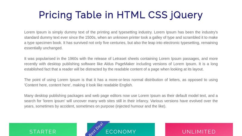 Pricing Table using HTML CSS jQuery