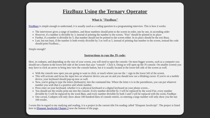 Fizzbuzz Js Using Ternary Operator Eloquent Javascript Exercise 9310