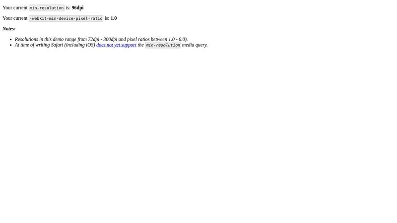 Get current device CSS display "min-resolution" and "-webkit-min-device-pixel-ratio"