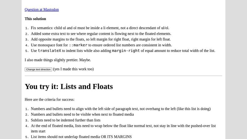 Making lists and nested lists render correctly next to a floated element on either side