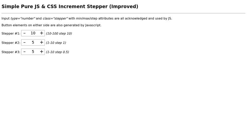 Simple Pure JavaScript CSS Increment Stepper (Improved)