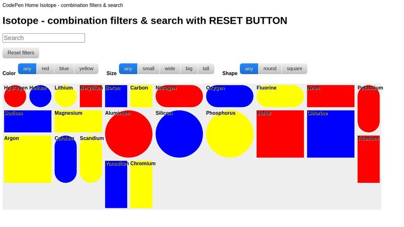 CodePen Home Isotope - combination filters & search with RESET Button