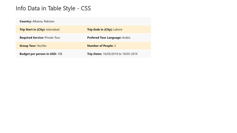 Info Data in Table Style - CSS