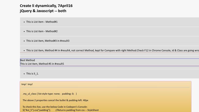 Create li dynamically, 7April16 jQuery & Javascript -- both