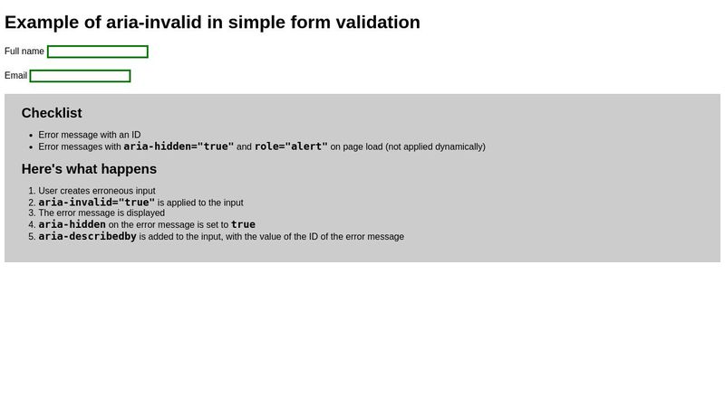 Example of using aria-invalid in simple form validation