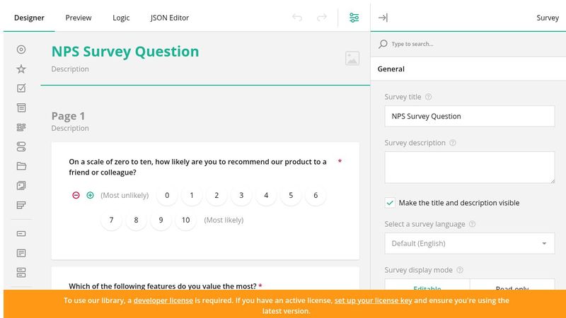 SurveyJS Creator for jQuery : NPS Survey Question