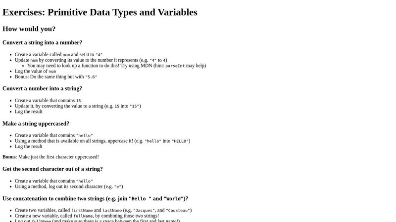JSDR Exercises: Primitive Data Types and Variables