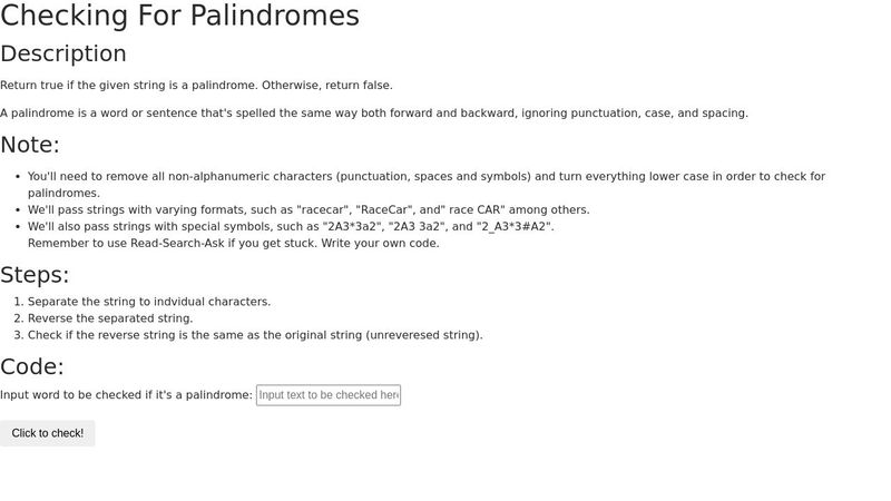 FCC (Basic Algo) : Palindromes Challenge