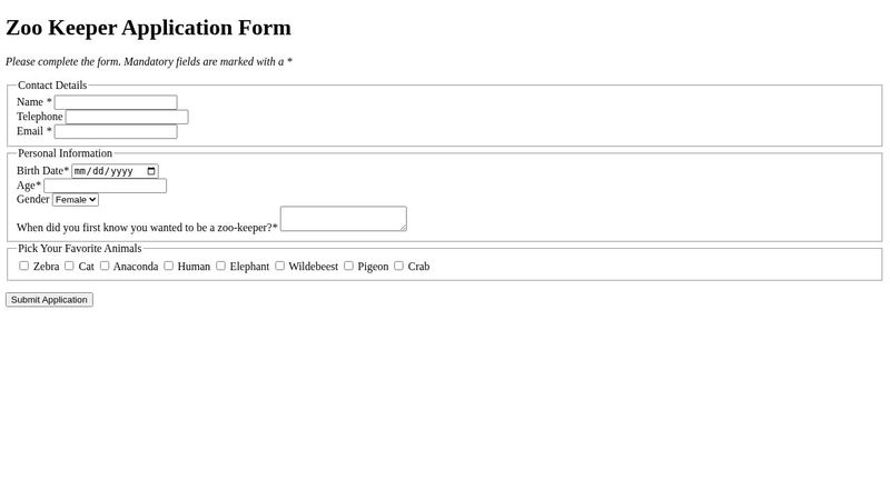 Zoo Keeper Application Form