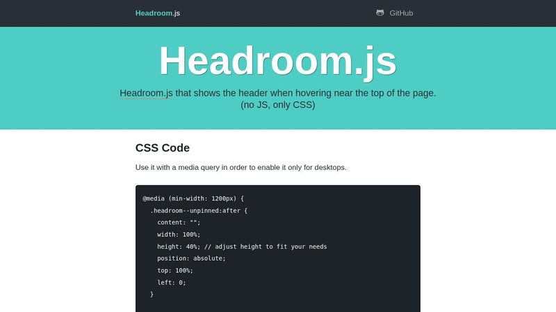 Headroom.js - show header when hovering near the top