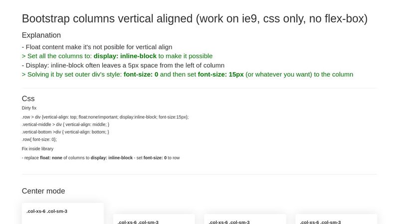 Bootstrap columns vertical aligned (work on ie9, css only, no flex-box)
