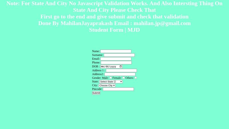 Student Form Using Javascript Validation