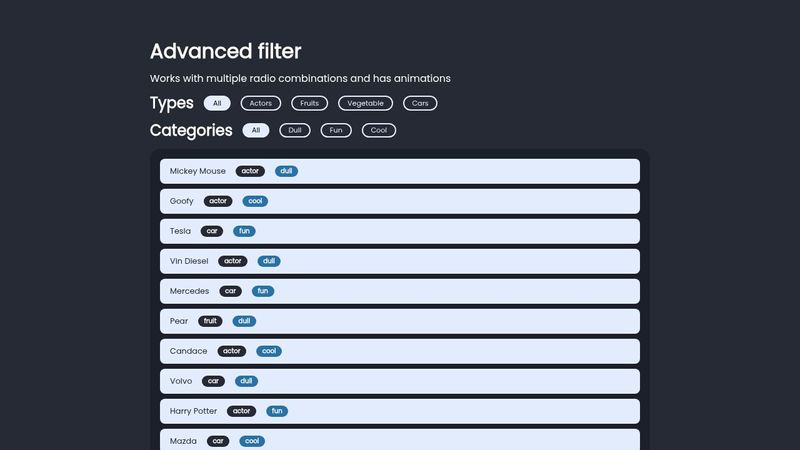 Pure CSS filters (transitions, multiselect)