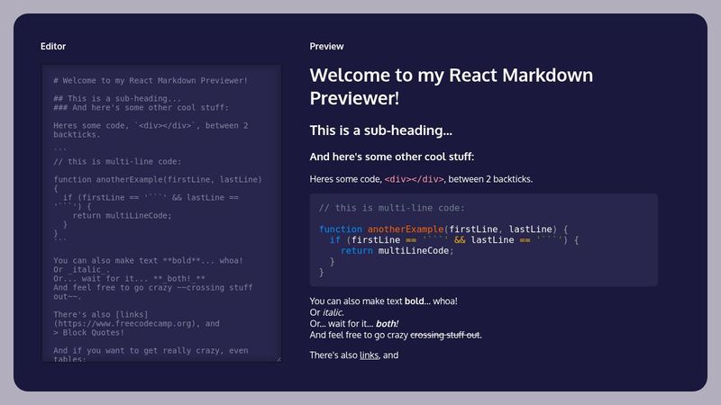 React - Simple React Markdown Previewer - FreeCodeCamp
