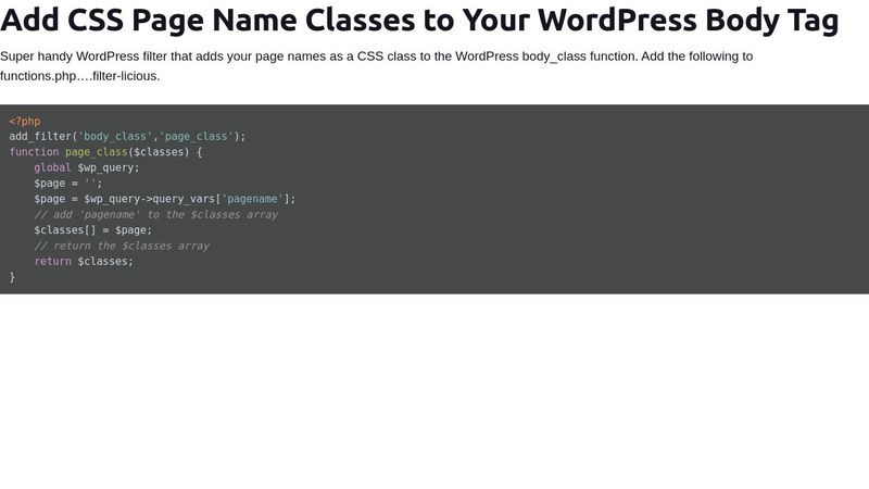 Add CSS Page Name Classes to Your WordPress Body Tag