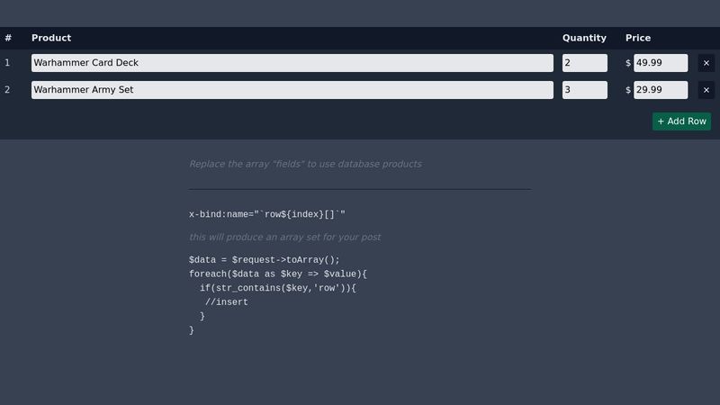 Alpine JS Dynamic Table Rows for Forms