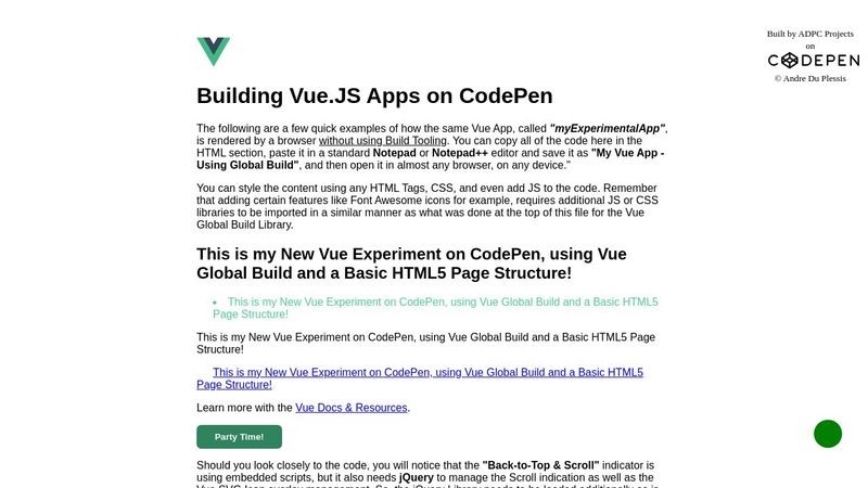 Vue.JS Experiments in HTML on Codepen