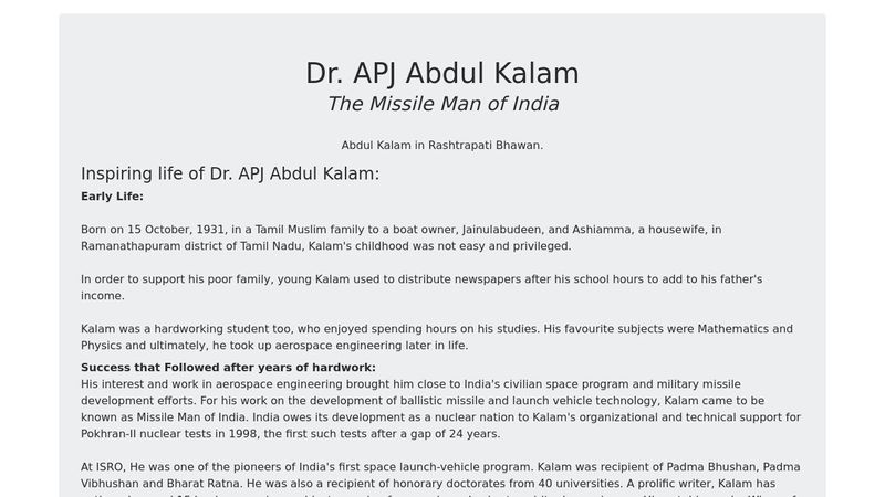 APJ Abdul Kalam - Tribute Page