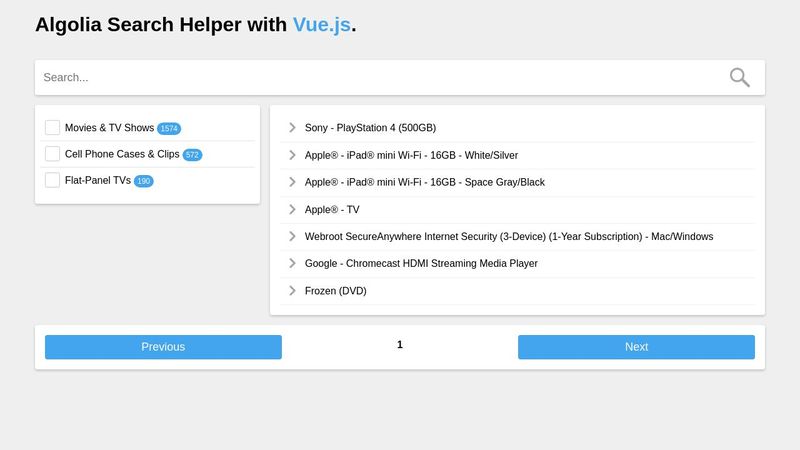 Example using Vue.js with Algolia Search Helper