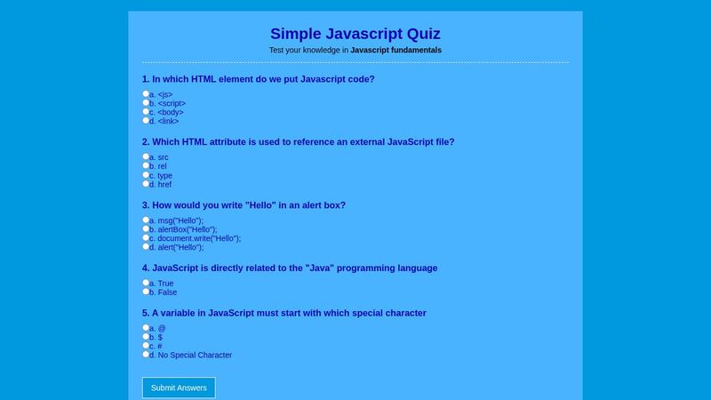 Simple Javascript Quiz Simple Javascript Quiz