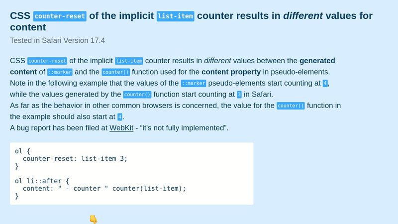 Safari: CSS counter-reset of list-item results in different values for content