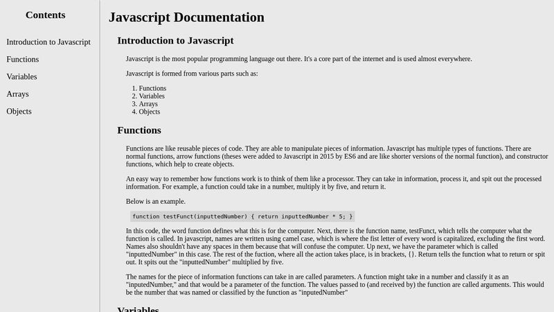 Javascript Technical Documentation Page