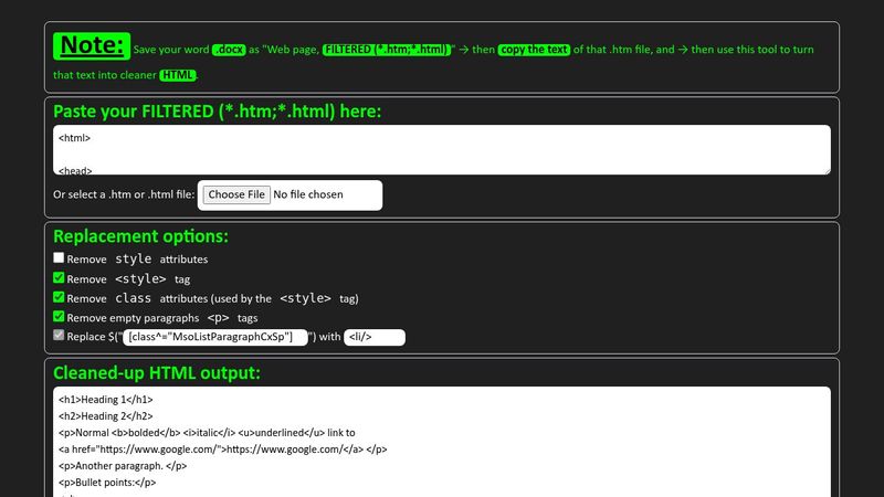 .docx -> FILTERED .htm -> cleaned-up .html