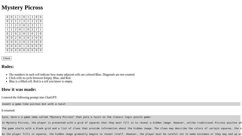 Mystery Picross, Designed and Programmed by ChatGPT, with Static Solution