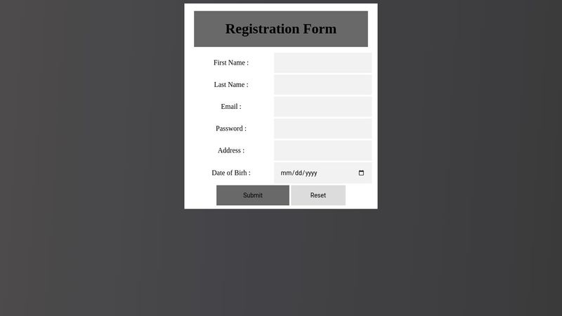 Registration Form Using Table Element